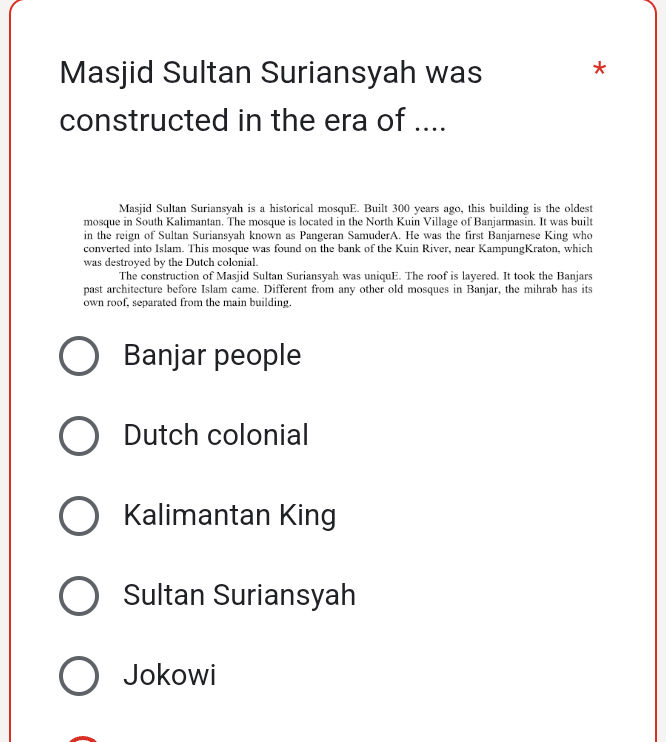Masjid Sultan Suriansyah was constructed in | StudyX