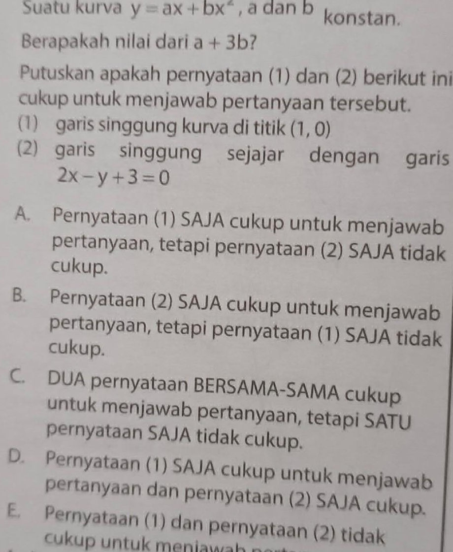 Suatu kurva $y = ax + bx^2$, a dan b | StudyX