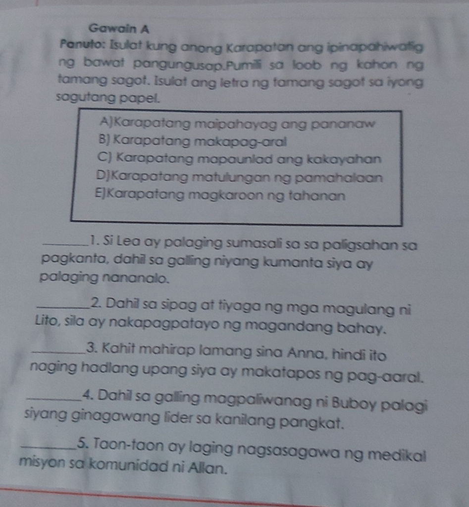 Gawain A Panuto: Isulat kung anong Karapatan | StudyX