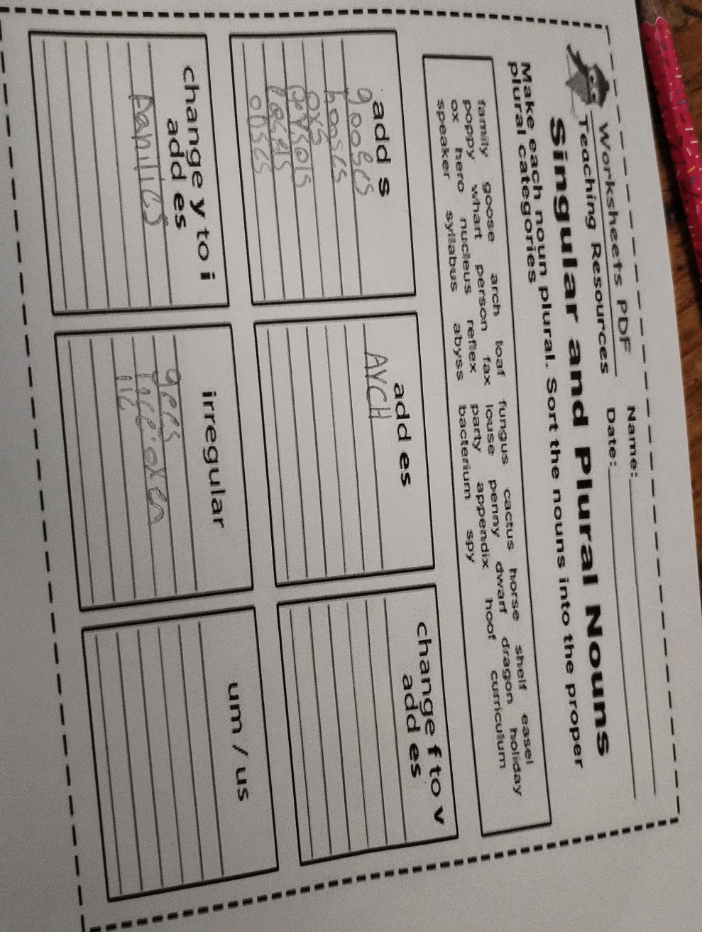 Make each noun plural. Sort the nouns into | StudyX
