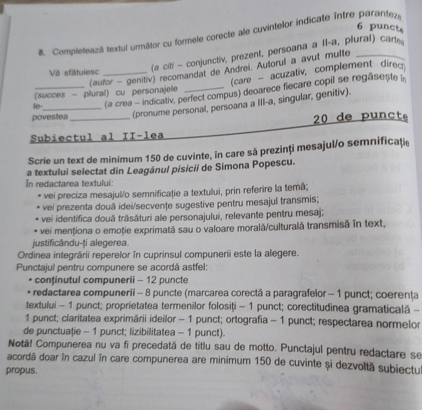 8. Completează textul următor cu formele | StudyX