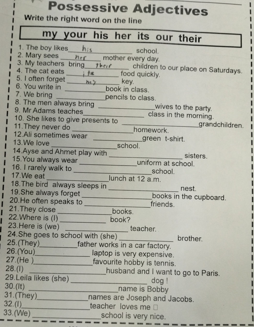 Possessive Adjectives Write the right word | StudyX