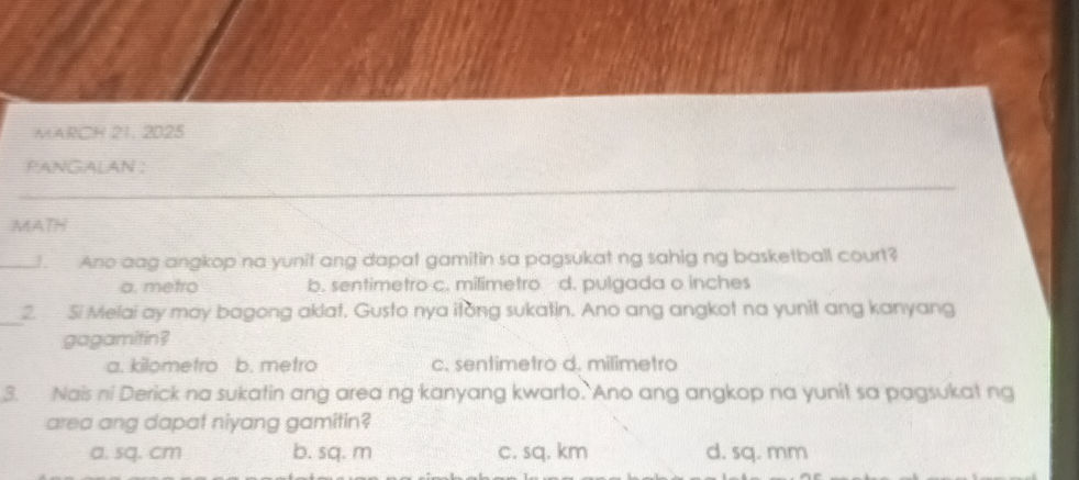 1. Ano aag angkop na yunit ang dapat gamitin | StudyX