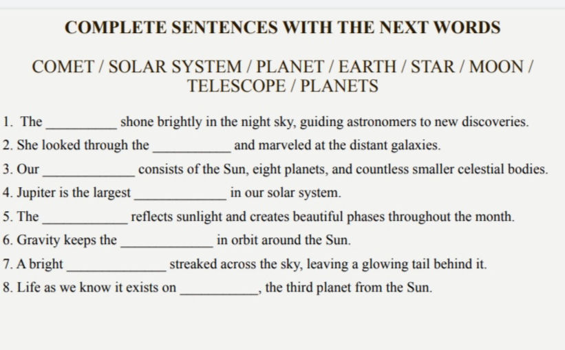 COMPLETE SENTENCES WITH THE NEXT WORDS COMET | StudyX