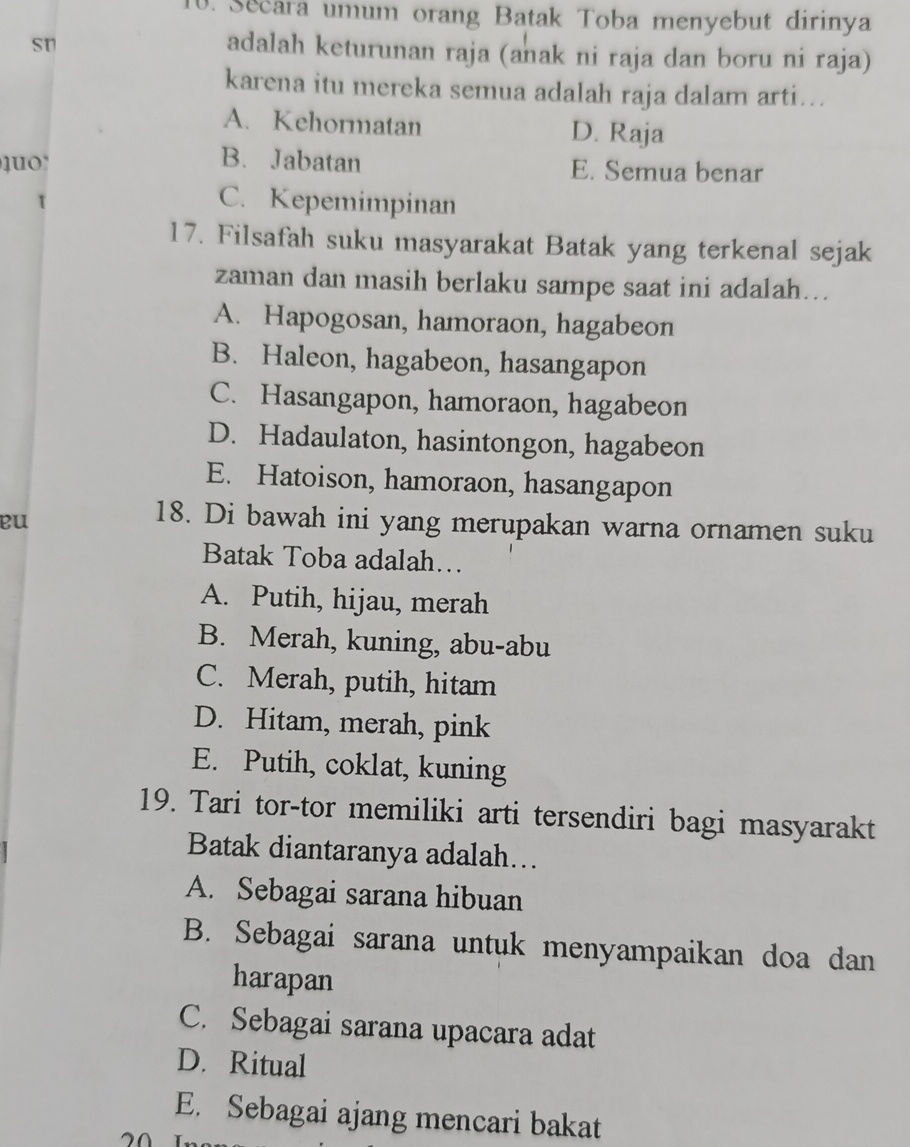 16. Secara umum orang Batak Toba menyebut | StudyX