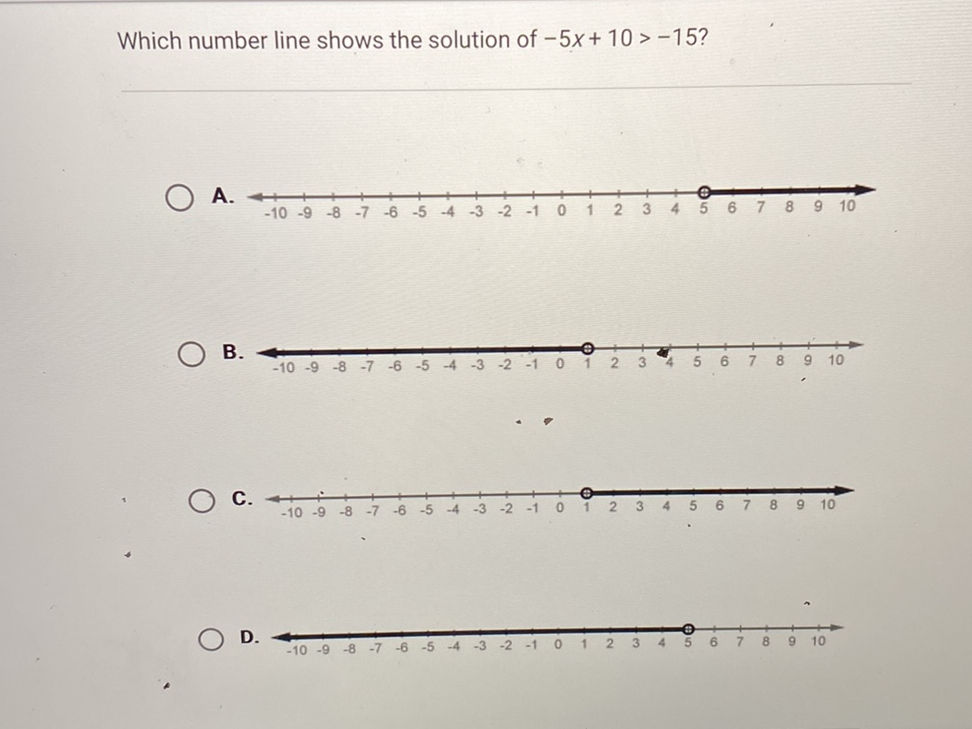 Which number line shows the solution of $-5x | StudyX