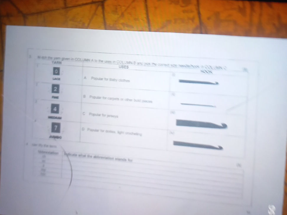 Match the yarn given in COLUMN A to the uses | StudyX