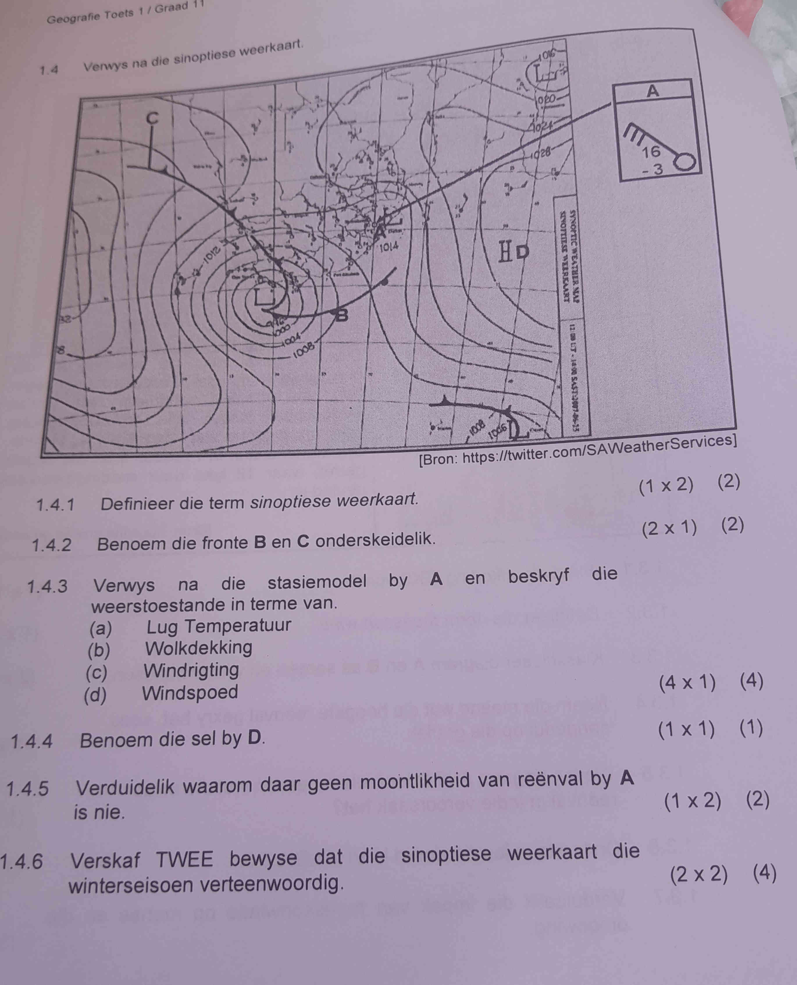 1.4 Verwys na die sinoptiese weerkaart. | StudyX
