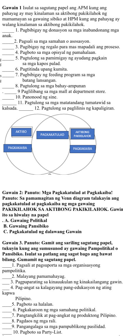 Gawain 1 Isulat sa sagutang papel ang APM | StudyX
