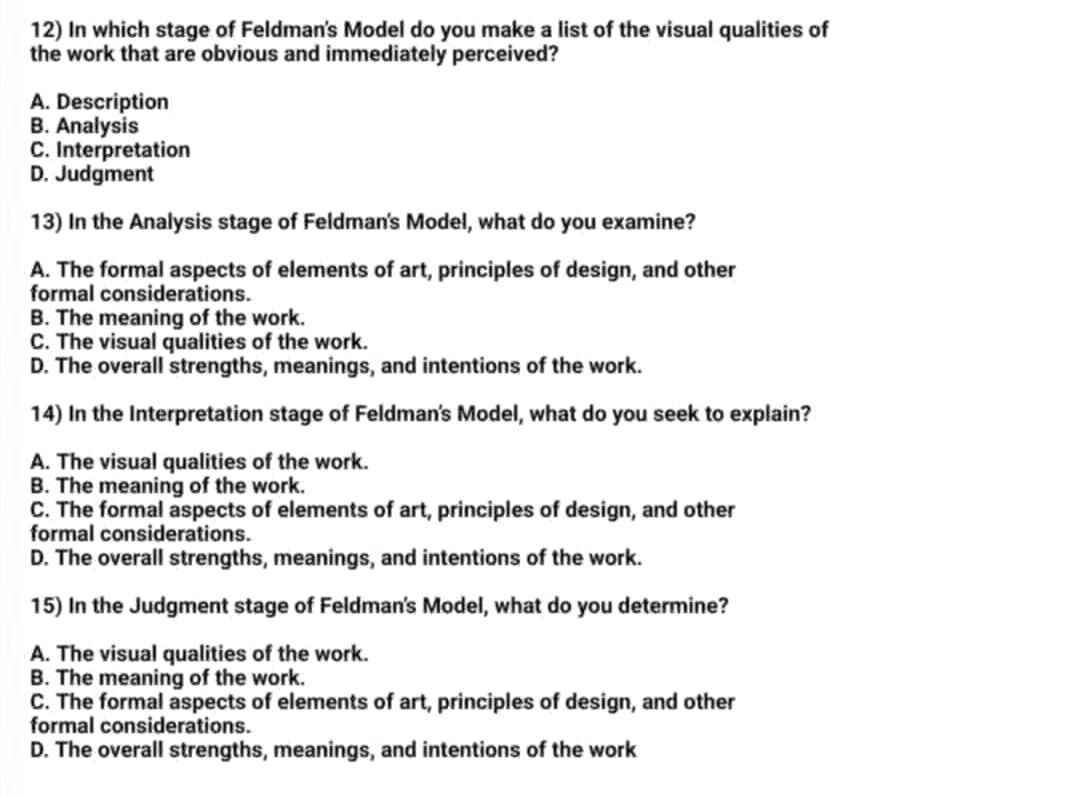 12) In which stage of Feldman's Model do you | StudyX