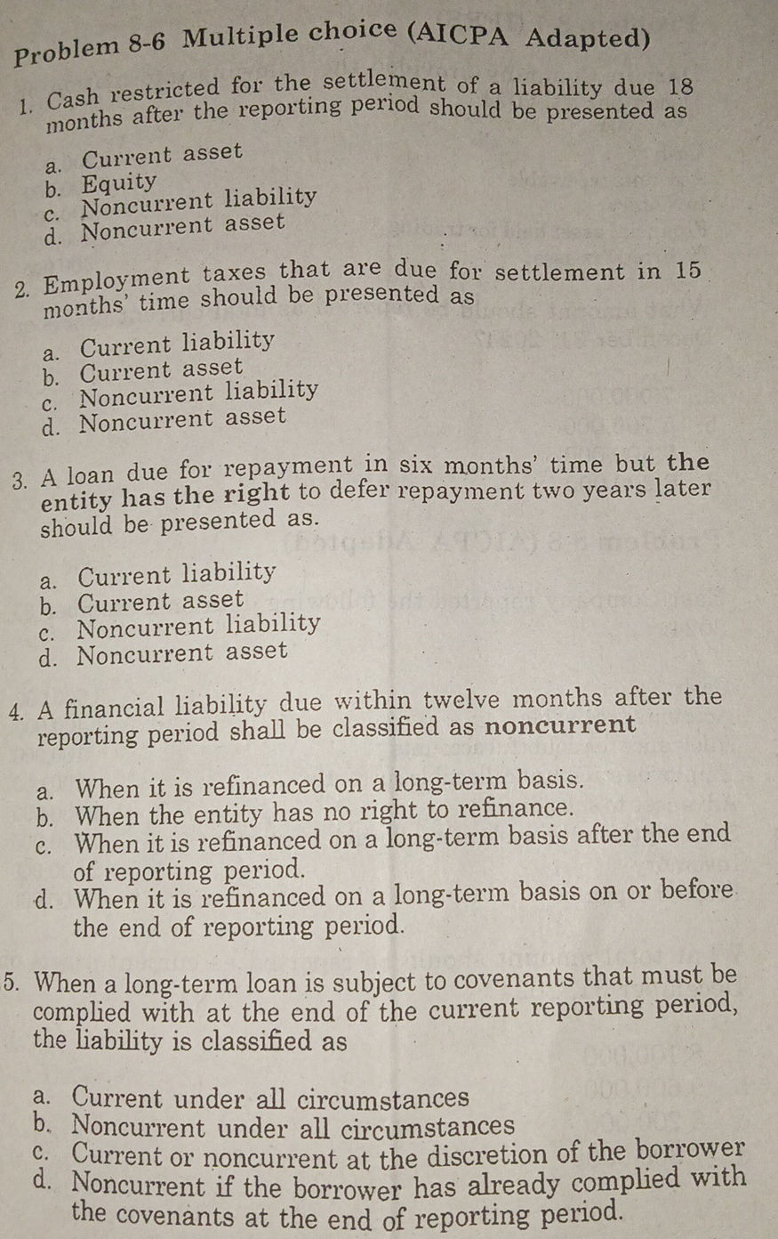 Problem 8-6 Multiple choice (AICPA Adapted) | StudyX