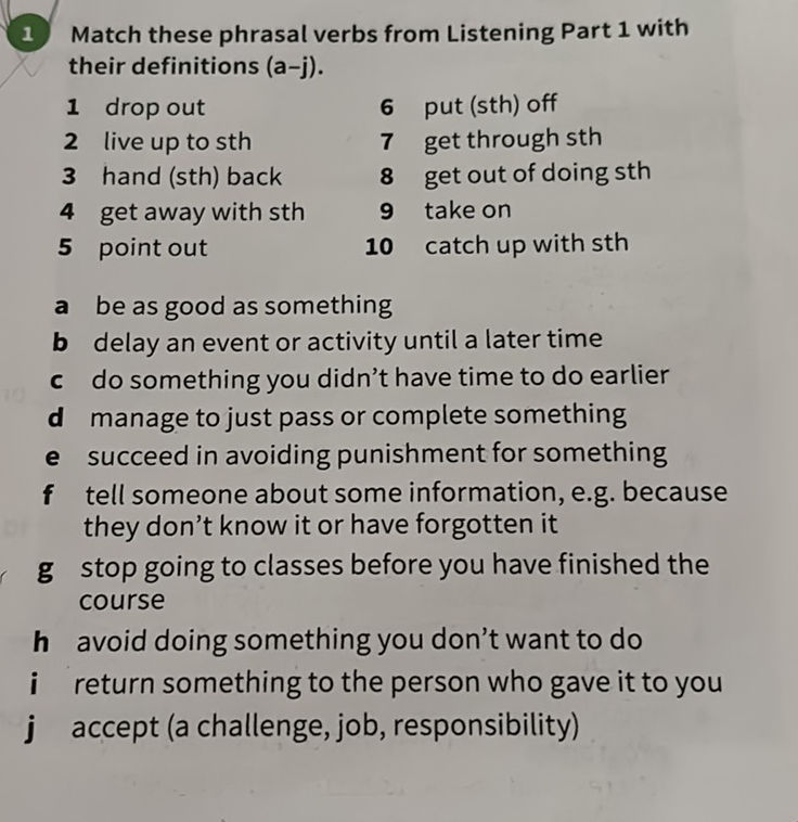 Match these phrasal verbs from Listening | StudyX