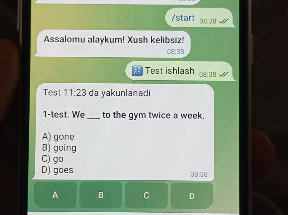 1-test. We to the gym twice a week. A) gone
