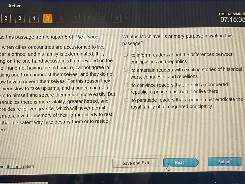 What is Machiavelli's primary purpose in | StudyX