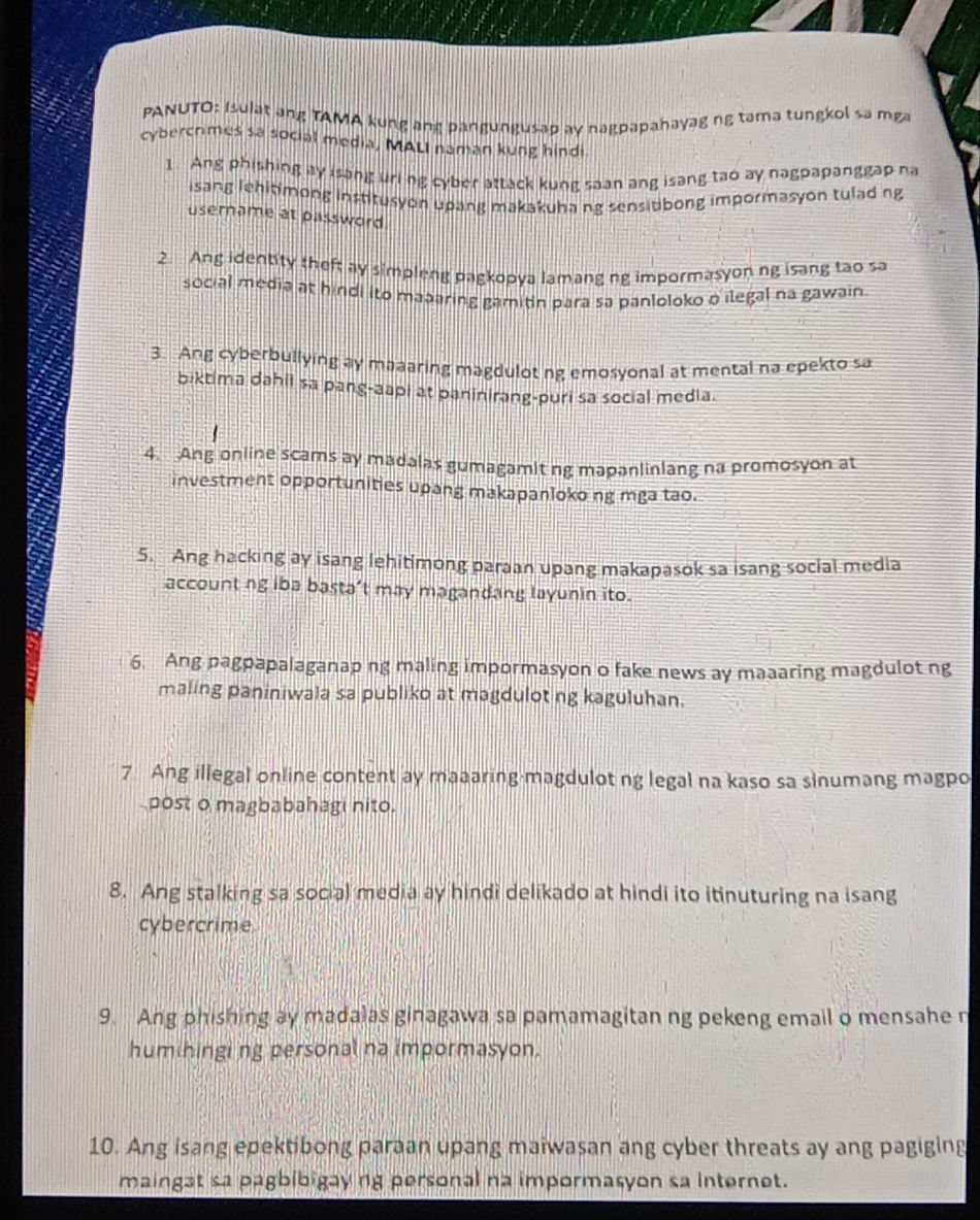 PANUTO: Isulat ang TAMA kung ang pangungusap | StudyX