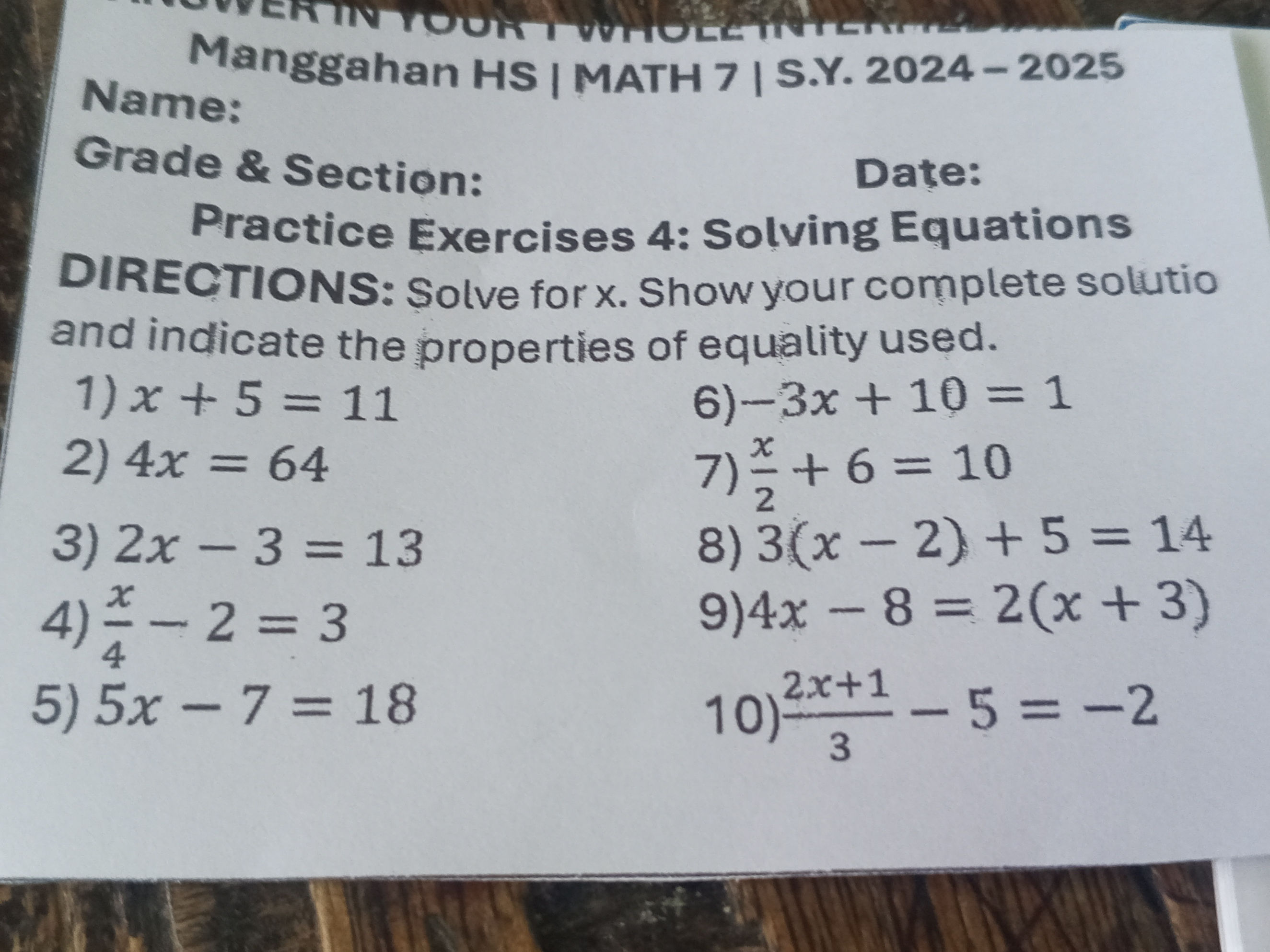 DIRECTIONS: Solve for x. Show your complete | StudyX
