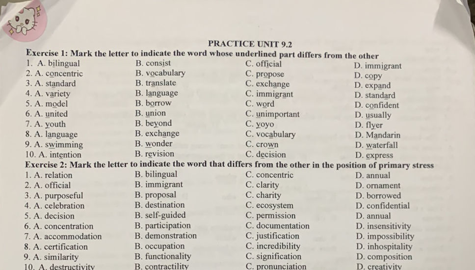 Exercise 1: Mark the letter to indicate the | StudyX