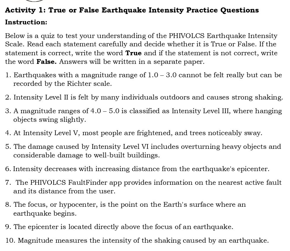 Activity 1: True or False Earthquake | StudyX