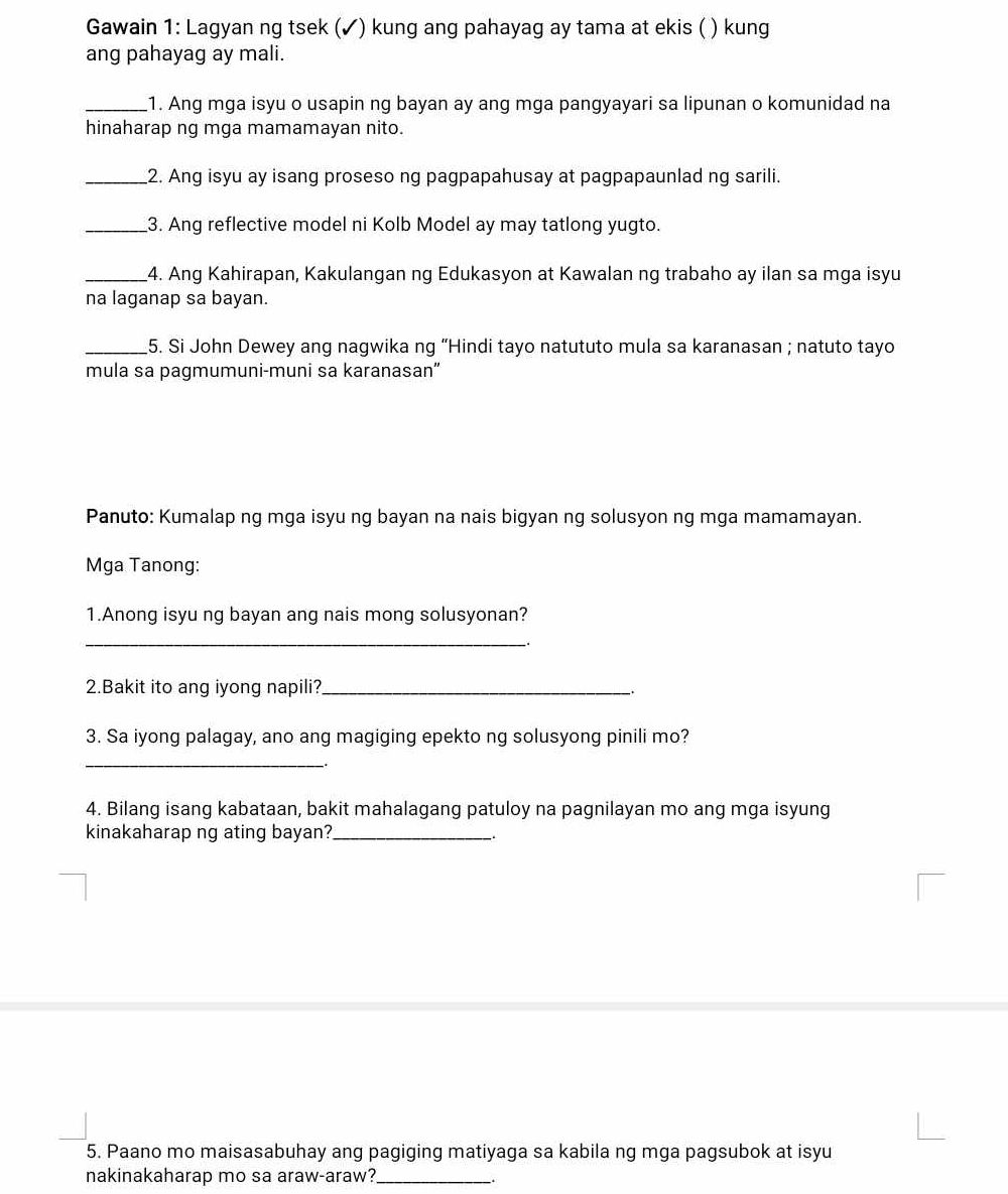 Gawain 1: Lagyan ng tsek ( ) kung ang | StudyX