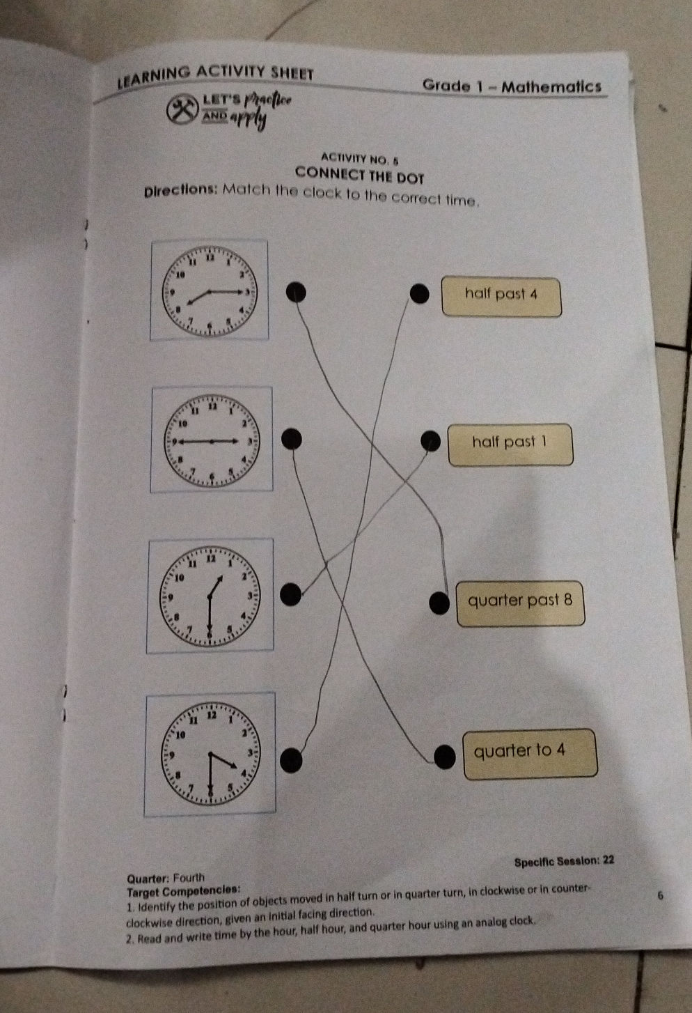 Directions: Match the clock to the correct | StudyX