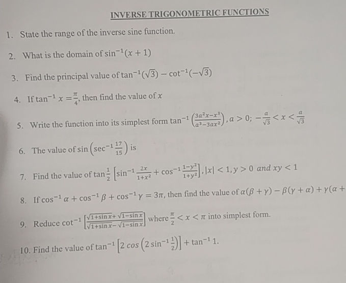 1. State the range of the inverse sine | StudyX