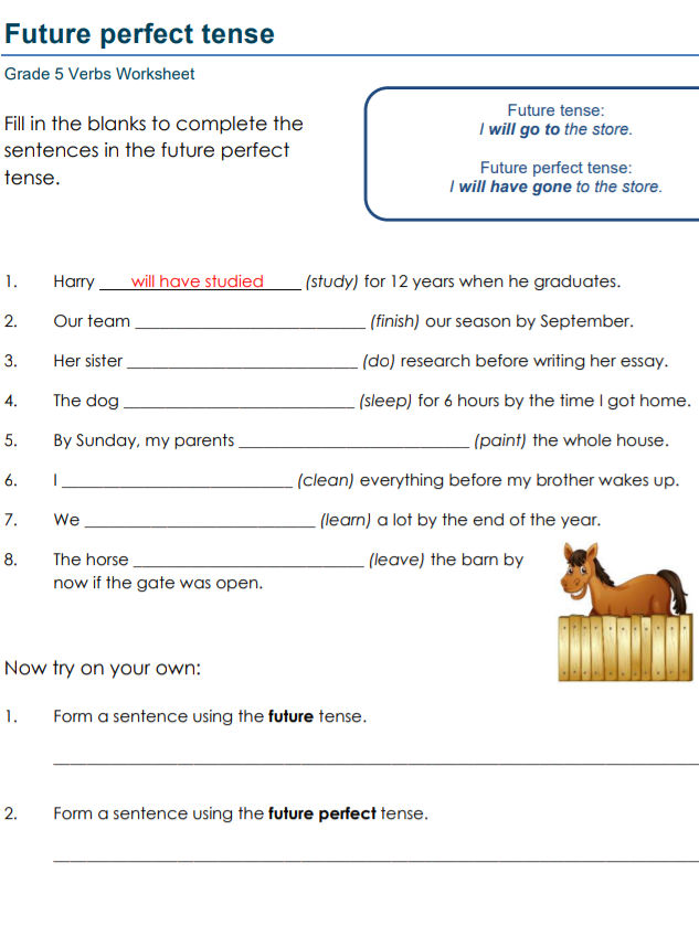 Future perfect tense Grade 5 Verbs Worksheet | StudyX