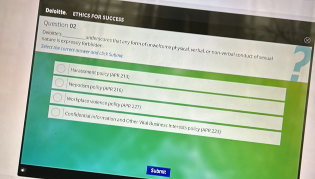 Deloitte ETHICS FOR SUCCESS Question 02 | StudyX