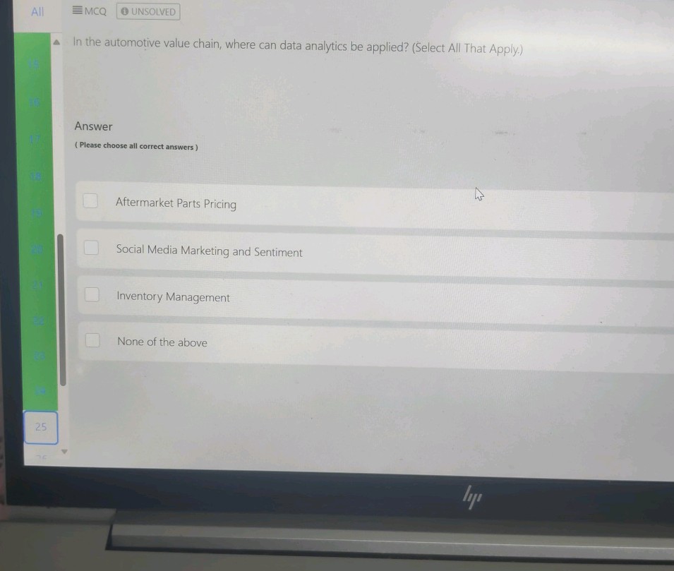 All MCQ UNSOLVED A In the automotive | StudyX