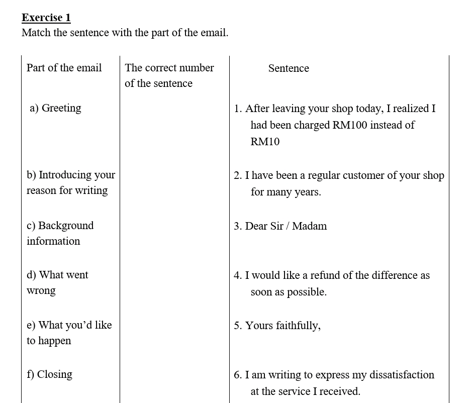 Exercise 1 Match the sentence with the part | StudyX