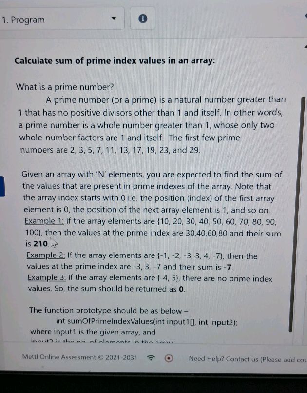 1 Program Calculate sum of prime index