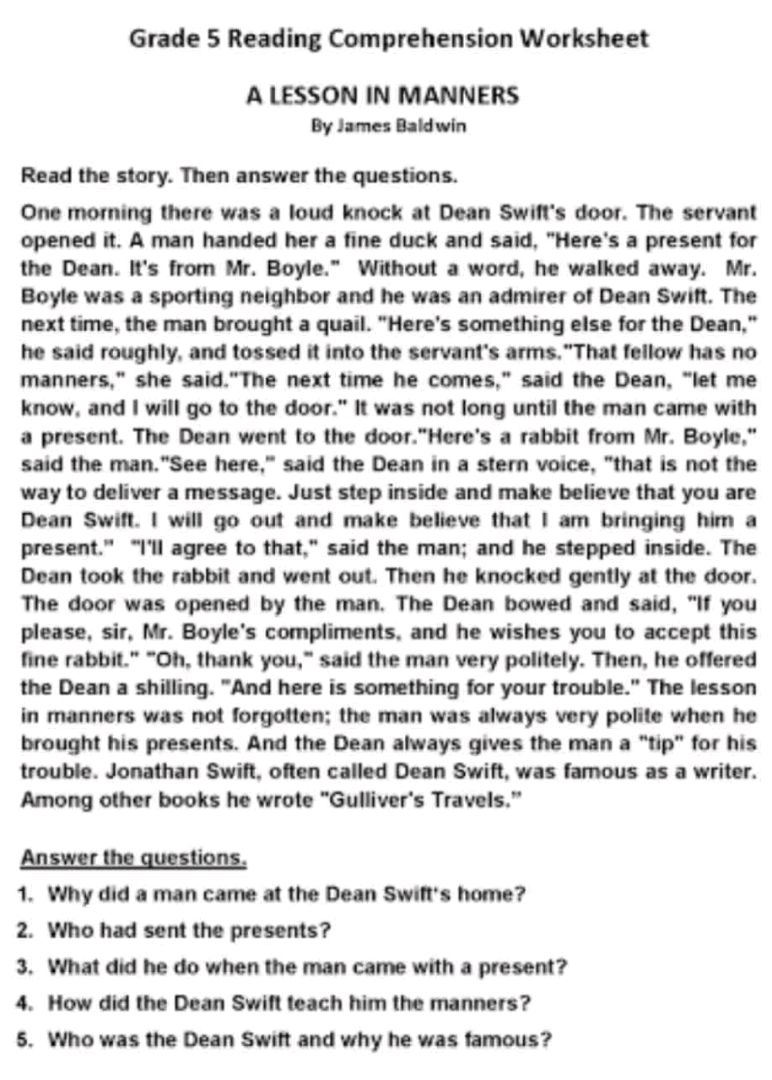 Grade 5 Reading Comprehension Worksheet A | StudyX