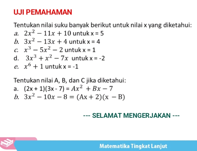 UJI PEMAHAMAN Tentukan nilai suku banyak | StudyX