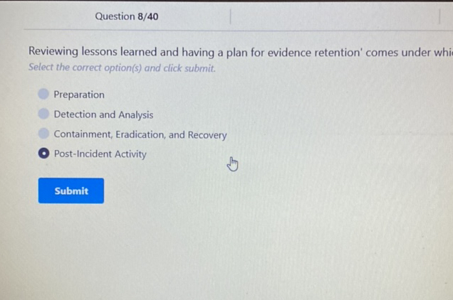 Question 8/40 Reviewing lessons learned and | StudyX