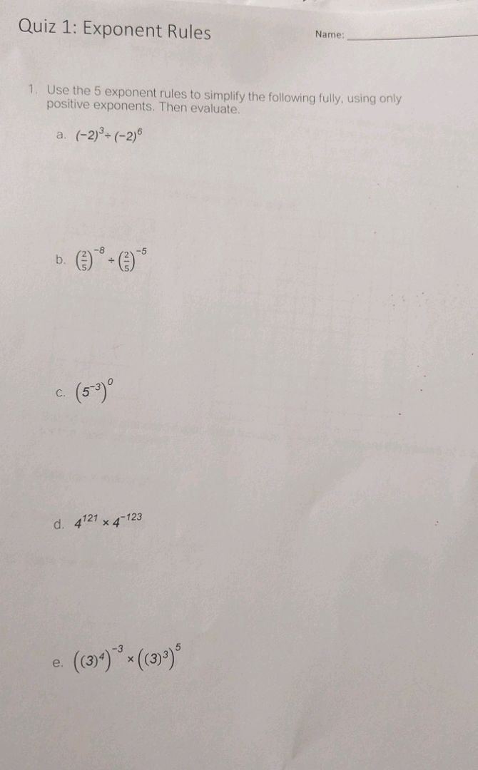 Quiz 1 Exponent Rules Name 1 Use the 5 | StudyX