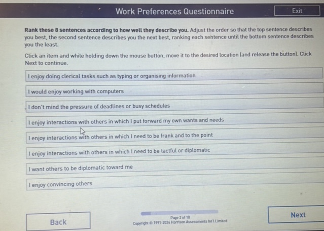 Work Preferences Questionnaire Exit Rank | StudyX