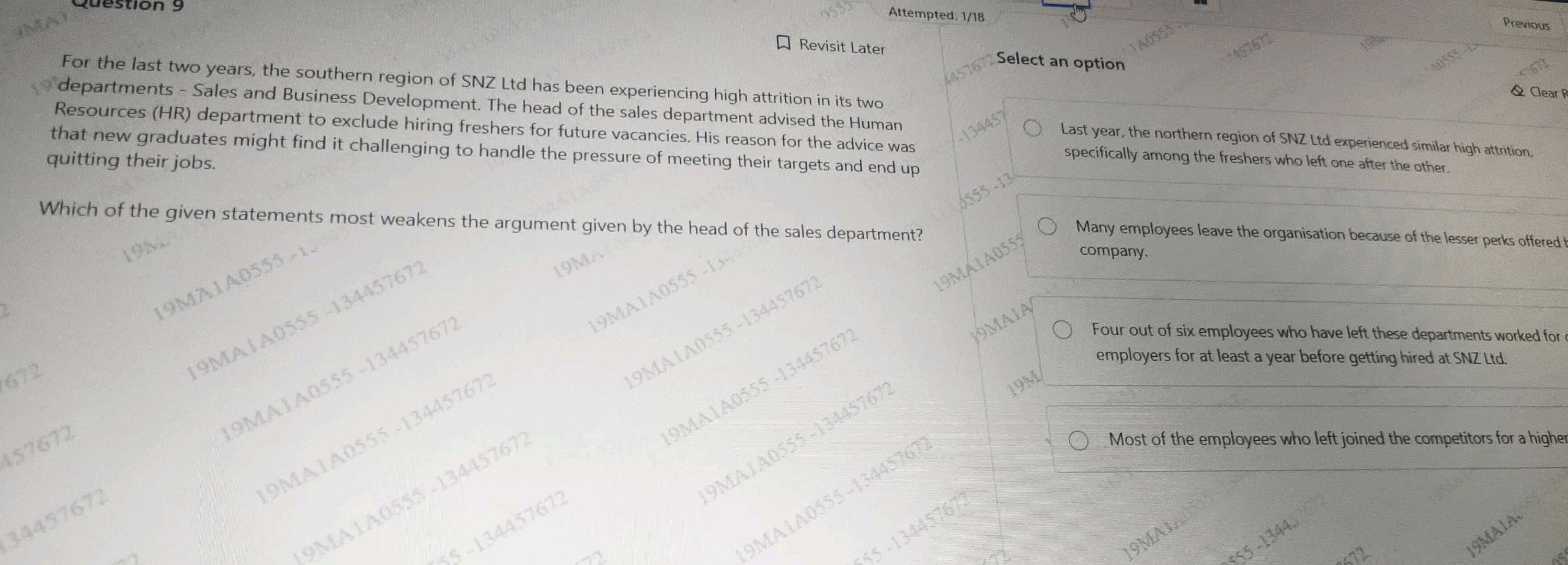 Attempted 1 / 18 Revisit Later Select an | StudyX