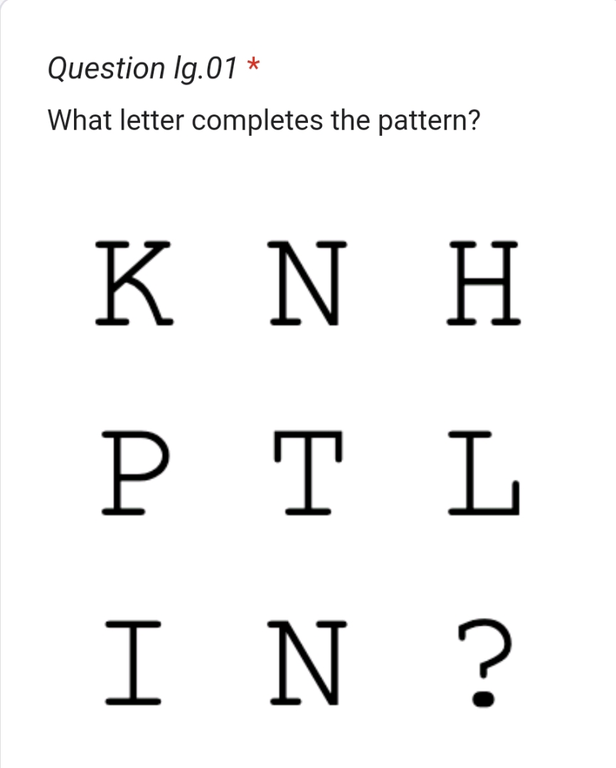 l What letter completes the pattern K N | StudyX