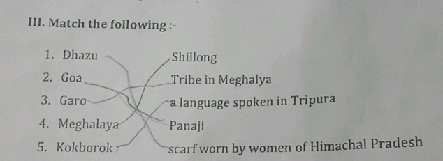 III Match the following - 1 Dhazu 2 Goa | StudyX