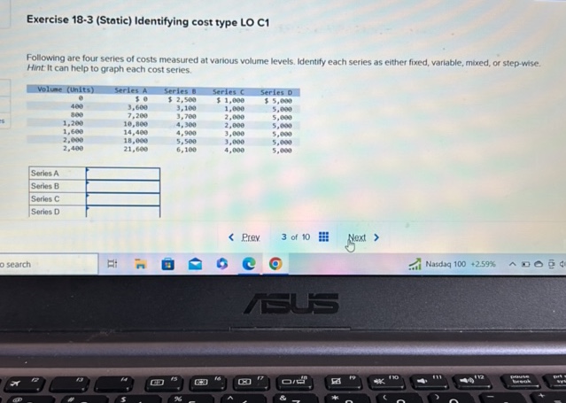 Exercise 18-3 (Static) Identifying cost | StudyX