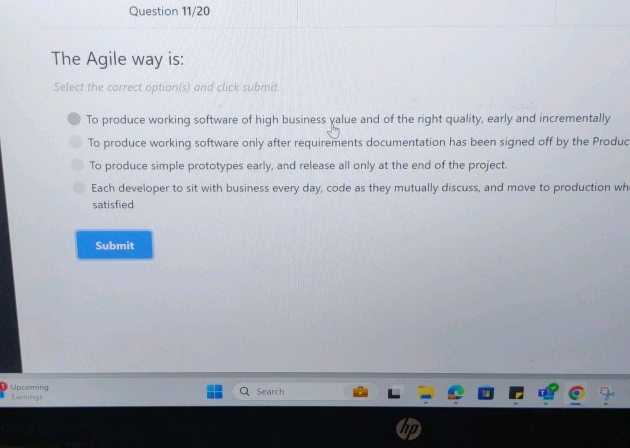Question 11 / 20 The Agile way is Select | StudyX