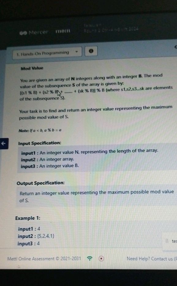 1 Hands-On Programming Mod Value You are | StudyX