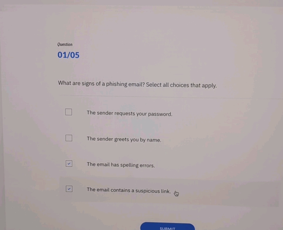 Question 01/05 What are signs of a phishing | StudyX