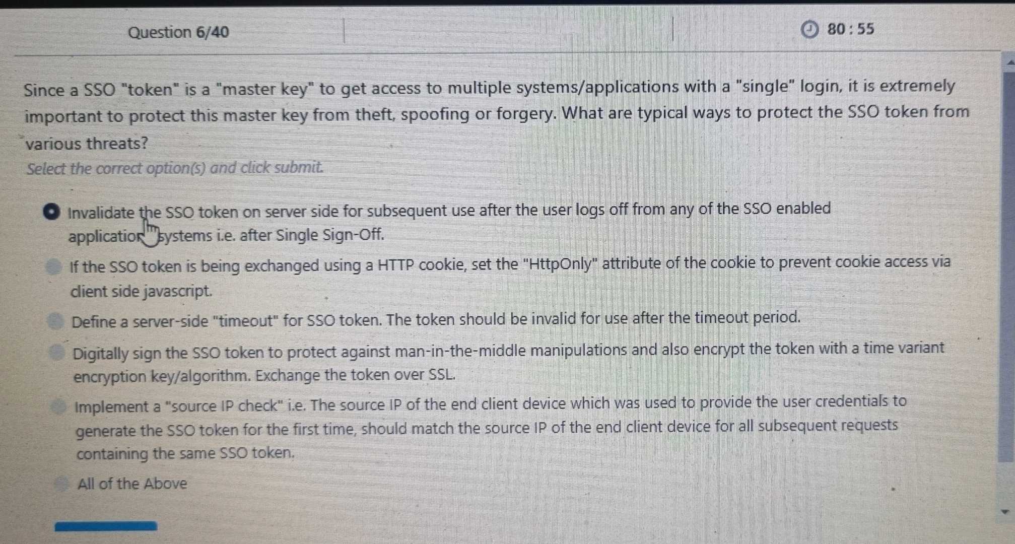 Question 6/40 80 55 Since a SSO token is a | StudyX