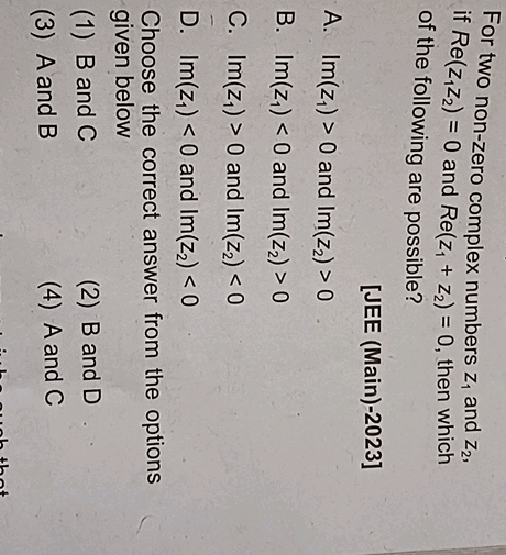 For two non-zero complex numbers z1 and z2 | StudyX