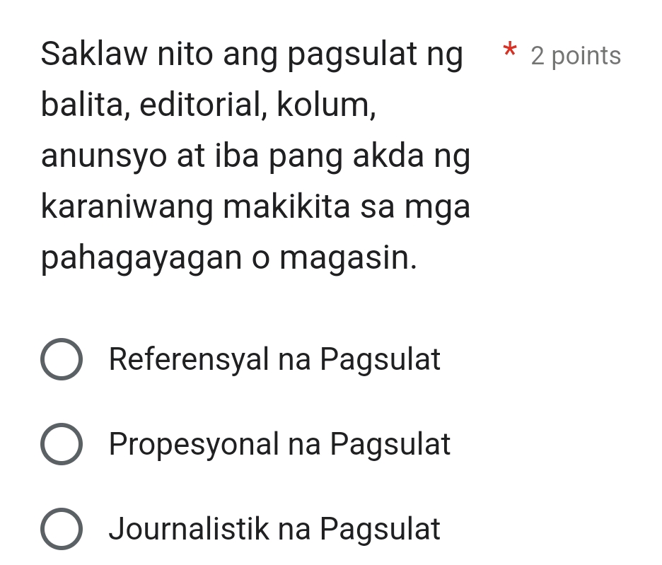 Saklaw nito ang pagsulat ng 2 points | StudyX