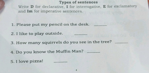 Types of sentences Write D for declarative | StudyX