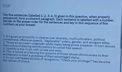 5 / 10 The five sentences (labelled 1 2 3 4 | StudyX