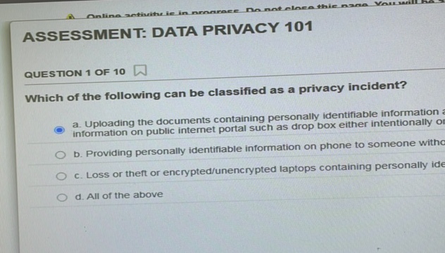 ASSESSMENT DATA PRIVACY 101 QUESTION 1 OF | StudyX