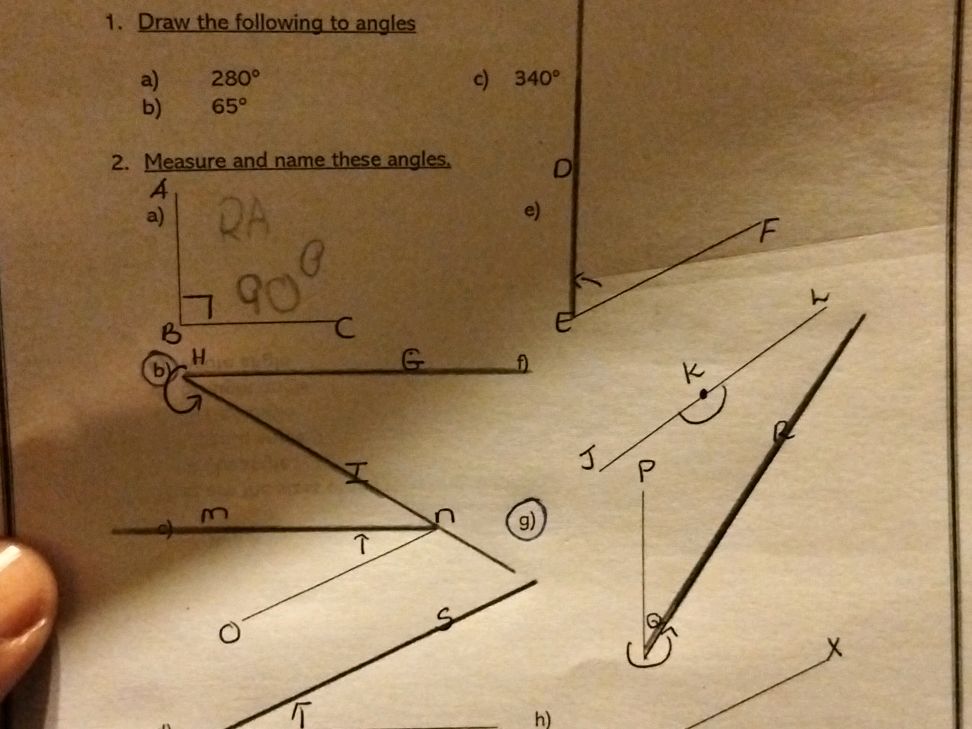 Draw the following to angles a) 280° b) 65°