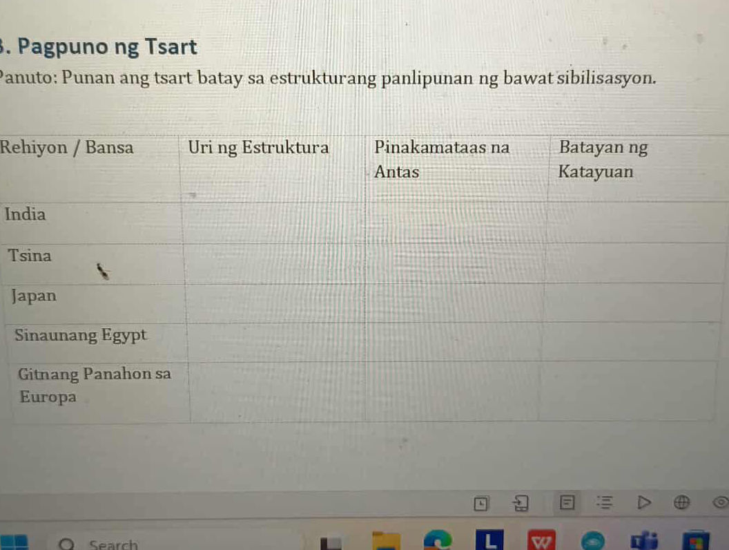3. Pagpuno ng Tsart Panuto: Punan ang tsart | StudyX